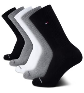 tommy hilfiger men's athletic socks - cushioned crew socks (5 pack), size 7-12, blackwhitegrey