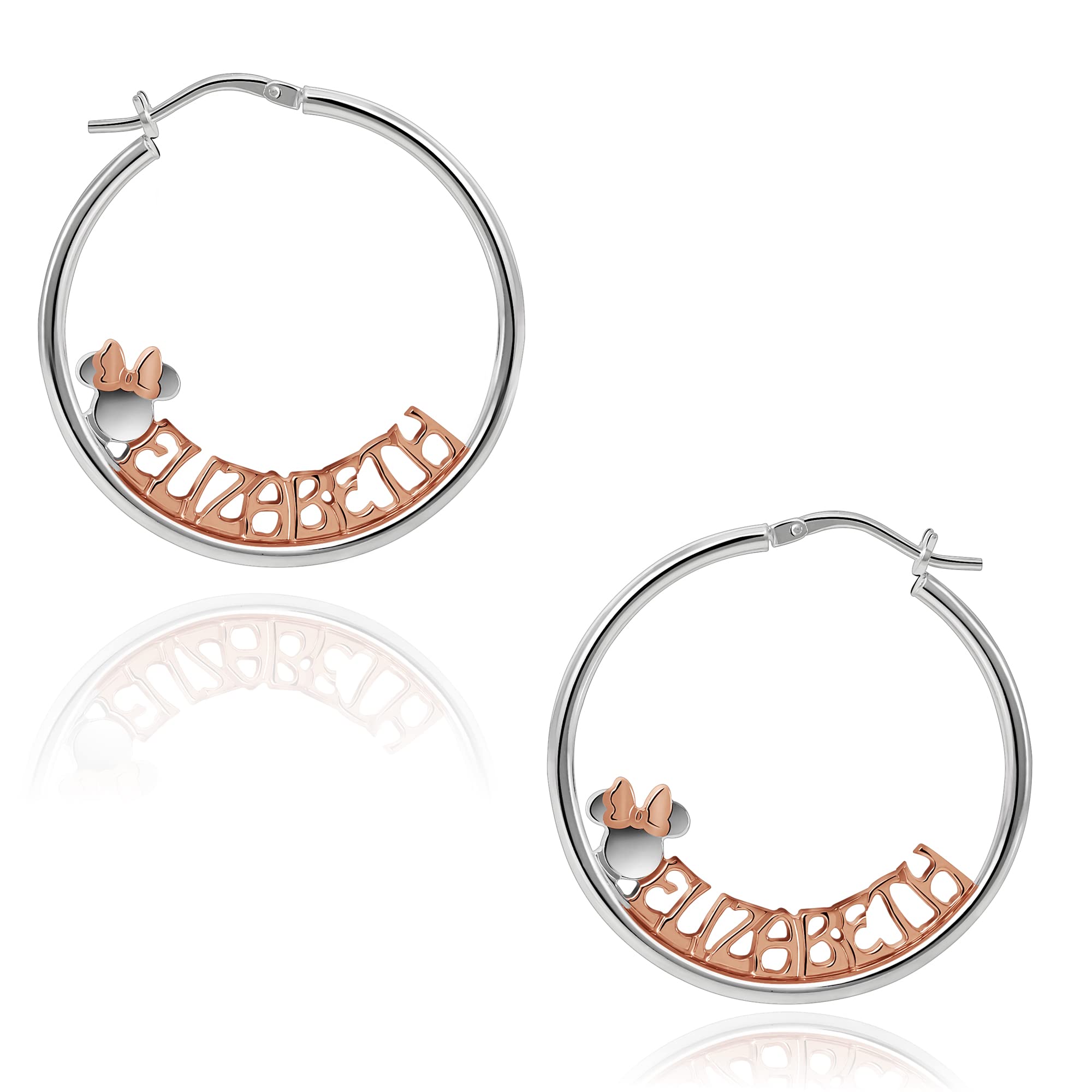 Disney Minnie Mouse Two Tone 18k Rose Flash Plated and Silver Hoop Personalized Custom Name Earrings, Officially Licensed