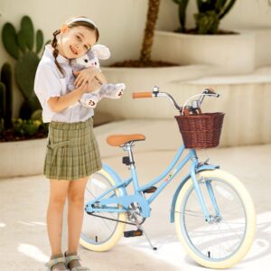 Bixike Retro Design Girls Bike with Basket and Coaster Brake for 3-13 Years Old Kids, 14 16 18 Inch Kids Cruiser Bicycle for Toddlers with Training Wheels, 20 Inch with Kickstand, Multiple Colors