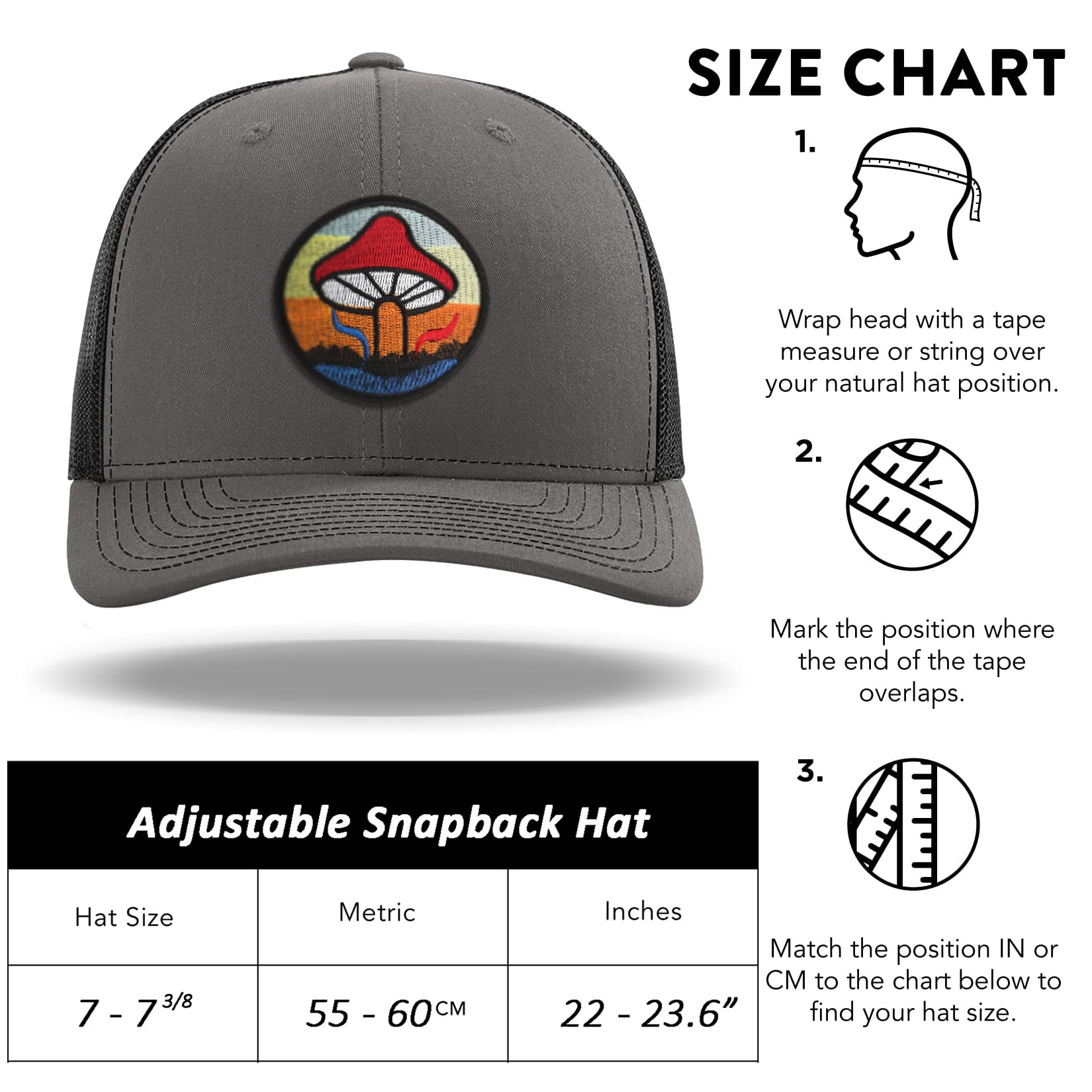 Classic Mesh Trucker Hat, Adjustable Snapback, Outdoor Camping Magic Mushroom Baseball Cap (Dark Grey)