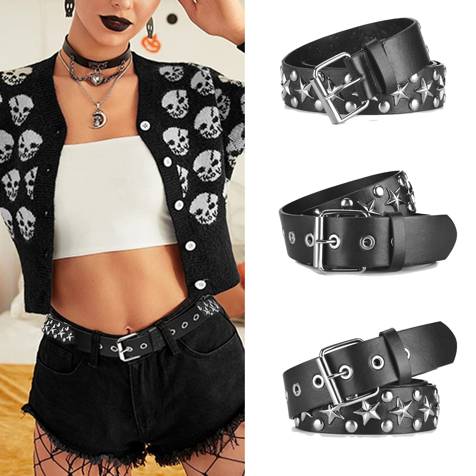 HABUAETY Studded Belt Women Y2K Spike Star Belts Star Black Girl Woman Stud Punk Waist Belt for Halloween Cosplay