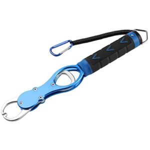 fish grip, aluminum, fishing rod, fishing tool, fish catching, weighing, ultra lightweight, rustproof, safety rope included, blue