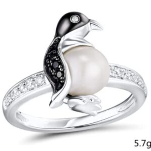 HUKQBUNX 925 Sterling Silver lovely exquisite Penguin diamond full diamond women's shiny natural freshwater pearl ring wedding engagement diamond ring size 6-10 (Size 10)