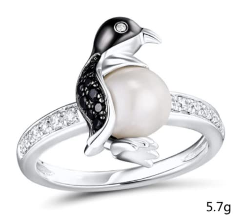 HUKQBUNX 925 Sterling Silver lovely exquisite Penguin diamond full diamond women's shiny natural freshwater pearl ring wedding engagement diamond ring size 6-10 (Size 10)