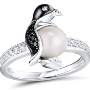 HUKQBUNX 925 Sterling Silver lovely exquisite Penguin diamond full diamond women's shiny natural freshwater pearl ring wedding engagement diamond ring size 6-10 (Size 10)