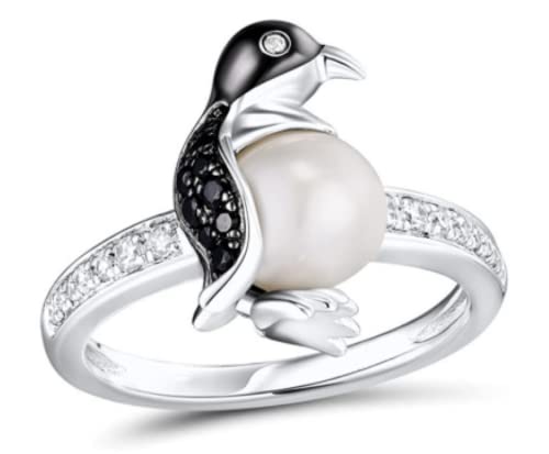 HUKQBUNX 925 Sterling Silver lovely exquisite Penguin diamond full diamond women's shiny natural freshwater pearl ring wedding engagement diamond ring size 6-10 (Size 10)