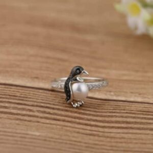 HUKQBUNX 925 Sterling Silver lovely exquisite Penguin diamond full diamond women's shiny natural freshwater pearl ring wedding engagement diamond ring size 6-10 (Size 10)