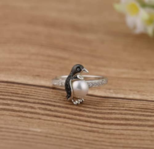 HUKQBUNX 925 Sterling Silver lovely exquisite Penguin diamond full diamond women's shiny natural freshwater pearl ring wedding engagement diamond ring size 6-10 (Size 10)