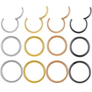 Funtopia 12 Pcs Hoop Nose Rings, 18g 316L Surgical Steel Hinged Nose Rings Hoop for Women Men, Septum Rings Cartilage Lip Rings Body Piercing Jewelry, Silver, Gold, Black, Rose Gold (7mm 8mm 9mm)