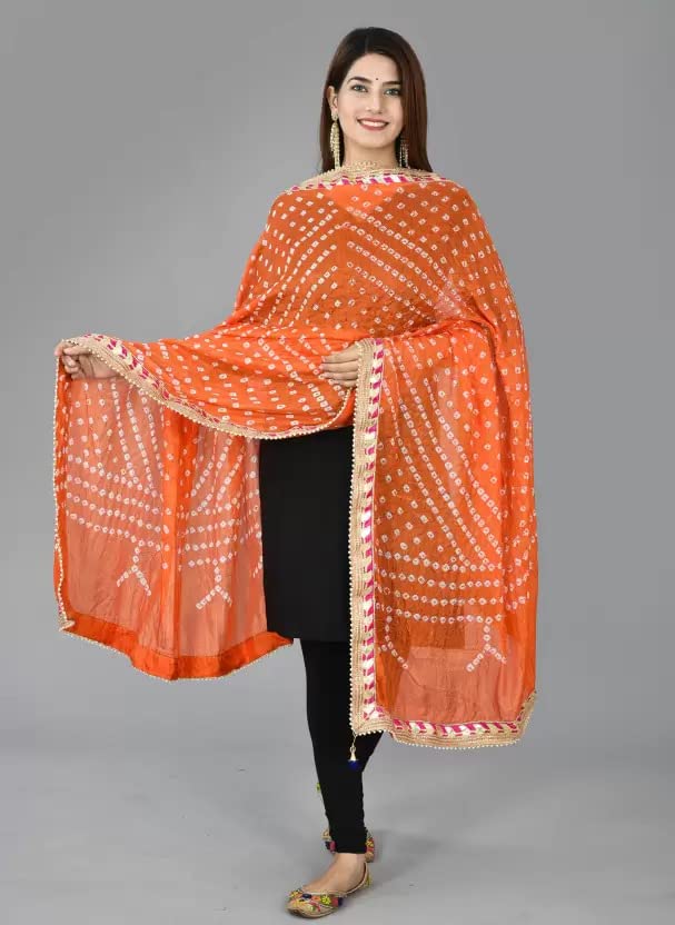 SAHIBA Handicraft India Women's Tafeta Silk Dupatta Bandhani Bandhej Jaipuri Rajasthani Dupatta (Orange), 2.25 Meters ( 88 x 42 Inches)