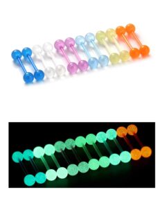 oufksiyy 14g 16mm glow in dark flexible acrylic straight tongue rings plastic nipple ring retainer body piercing jewelry for women men 24pcs(12pairs 14 gauge piercings