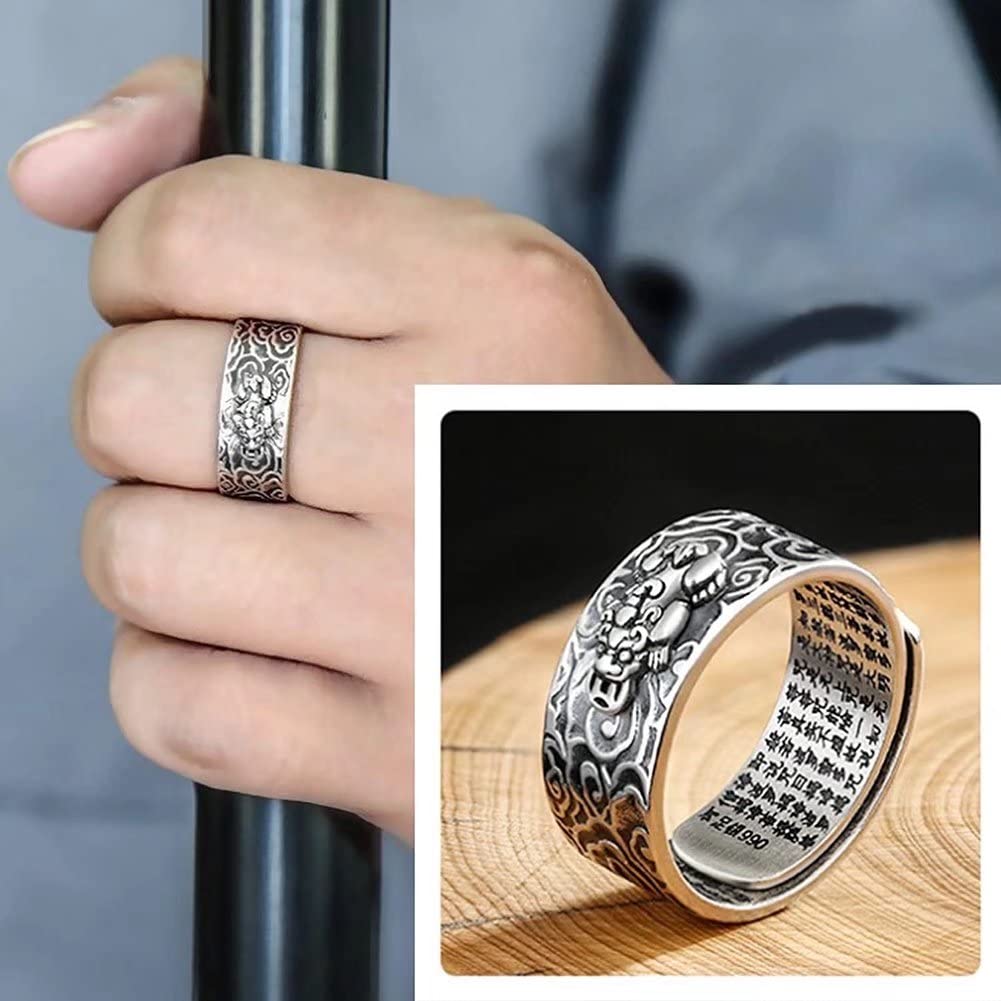 Renning Feng Shui Rings for Men Women Wealth Lucky Amulet Ring Open Adjustable Ring Sterling Silver Ring (Pixiu)