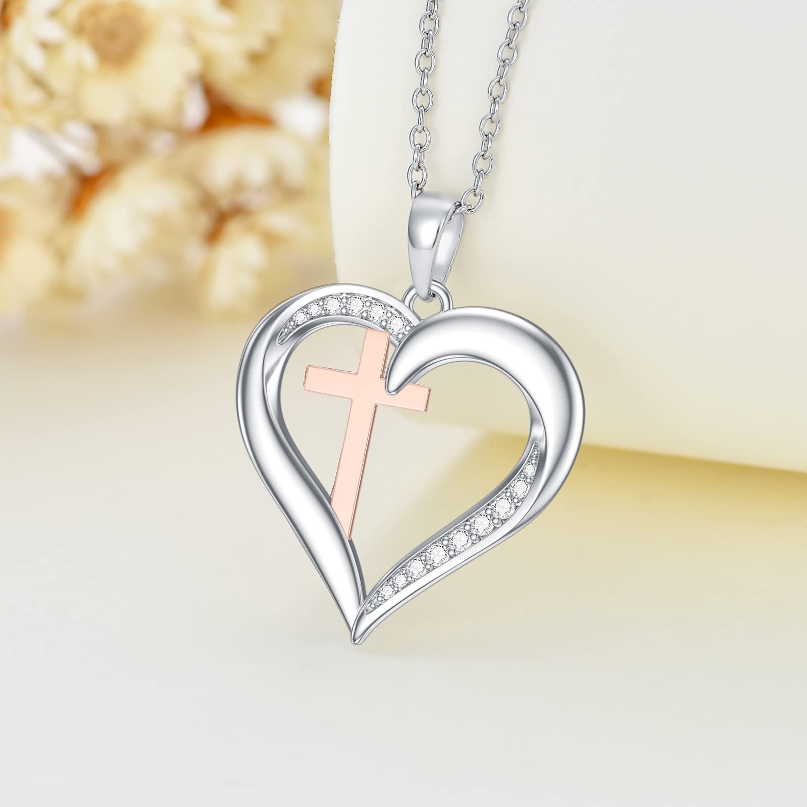 CTIEIP 1/10 Cttw Natural Diamond Heart Cross Pendant Necklace for Women 925 Sterling Silver Diamond Heart Jewelry Gift for Her