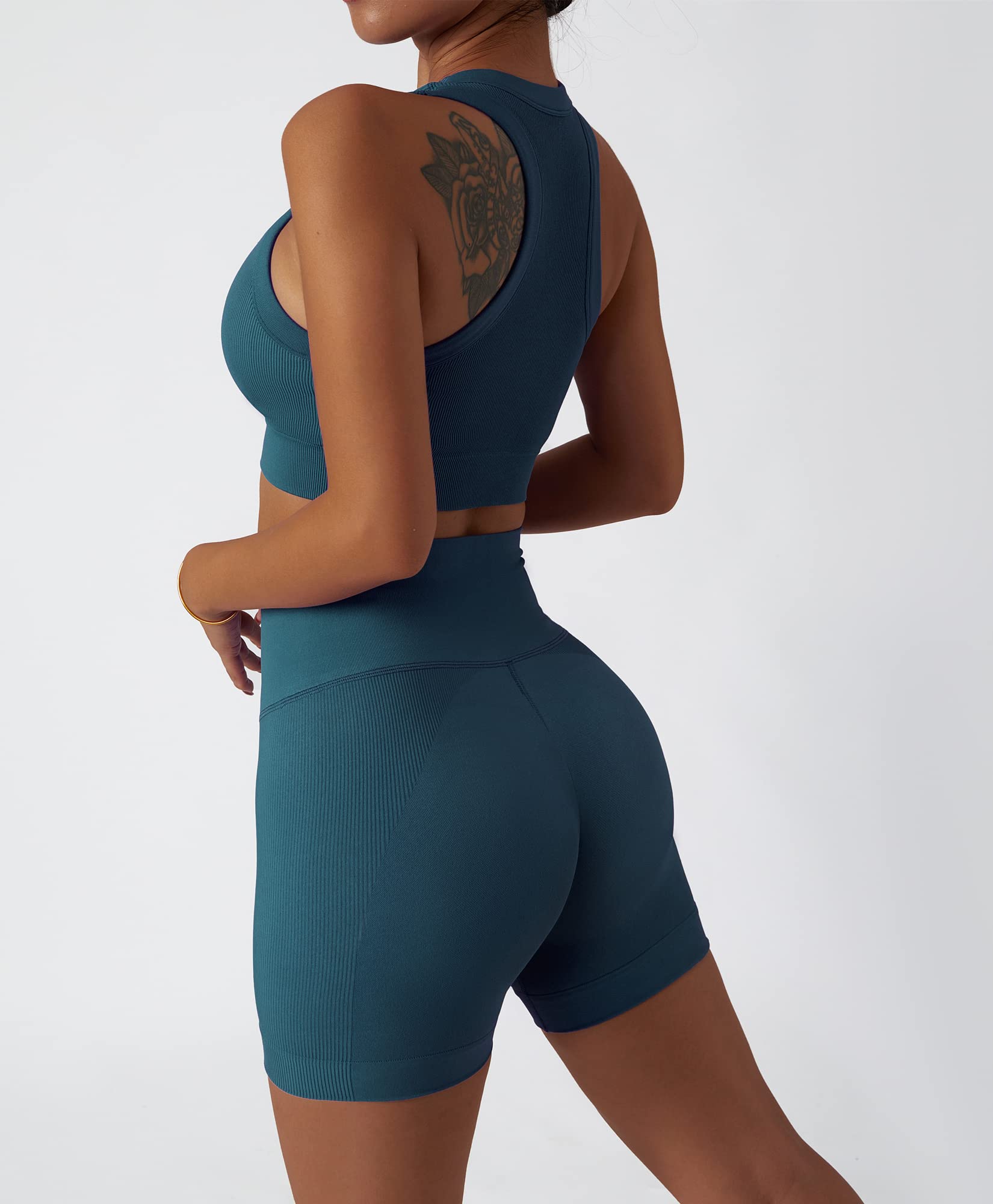 ABOCIW Women 2 Piece Seamless Gym Workout Sets Ribbed High Waist Biker Shorts with Racerback Sports Bra Yoga Crop Tank Top Yoga Exercise Outfit Teal Large