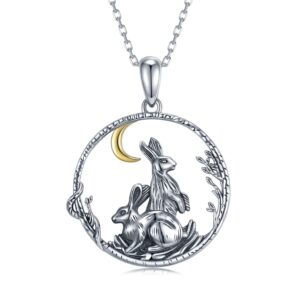 svodea double rabbit necklace for women 925 sterling silver hares moon pendant necklaces vintage bunny animal jewelry gift for women mom wife(style-2)