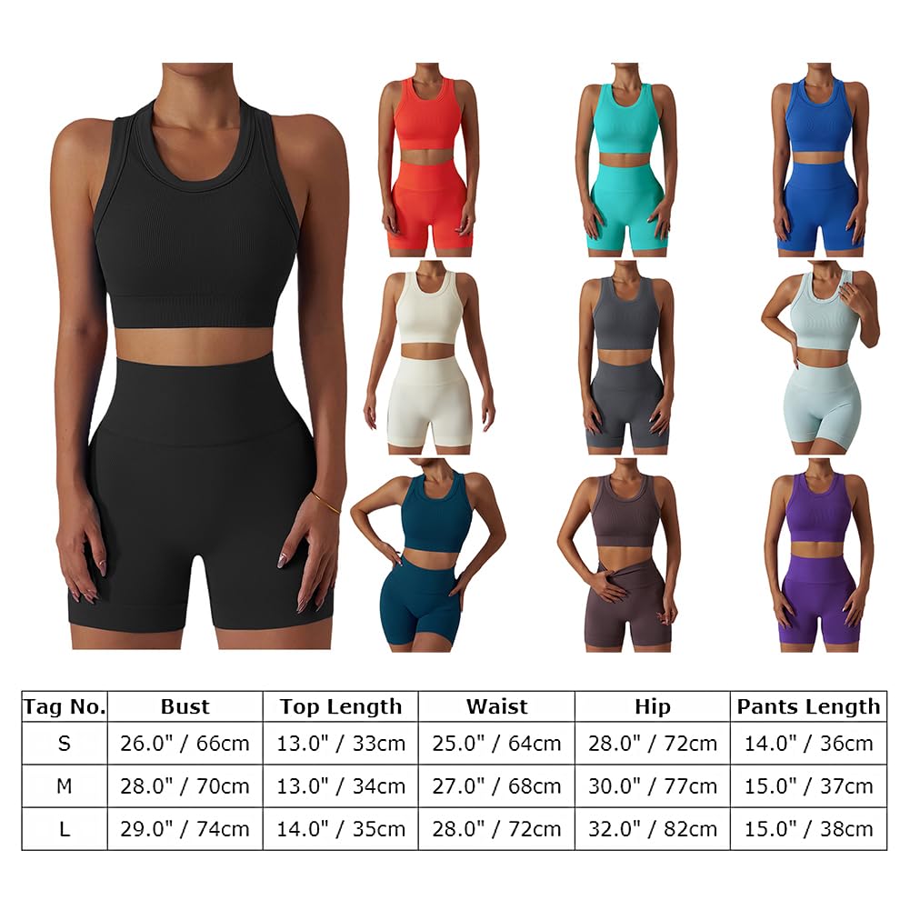 ABOCIW Women 2 Piece Seamless Gym Workout Sets Ribbed High Waist Biker Shorts with Racerback Sports Bra Yoga Crop Tank Top Yoga Exercise Outfit Teal Large