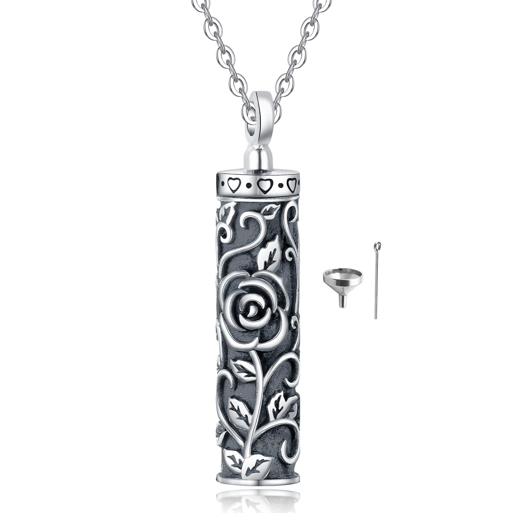 Rose Flower Urn Necklaces Cylinder Bar Urn Necklace for Ashes 925 Sterling Silver Pendant Necklace Keepsake for Ashes Memory Keepsake Cremation Jewelry for Women (Cylinder Rose)