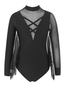 janjean kids girls one piece gymnastic ballet dance leotard long sleeve mesh wings cape leotard athletic gym yoga bodysuit black 16 years