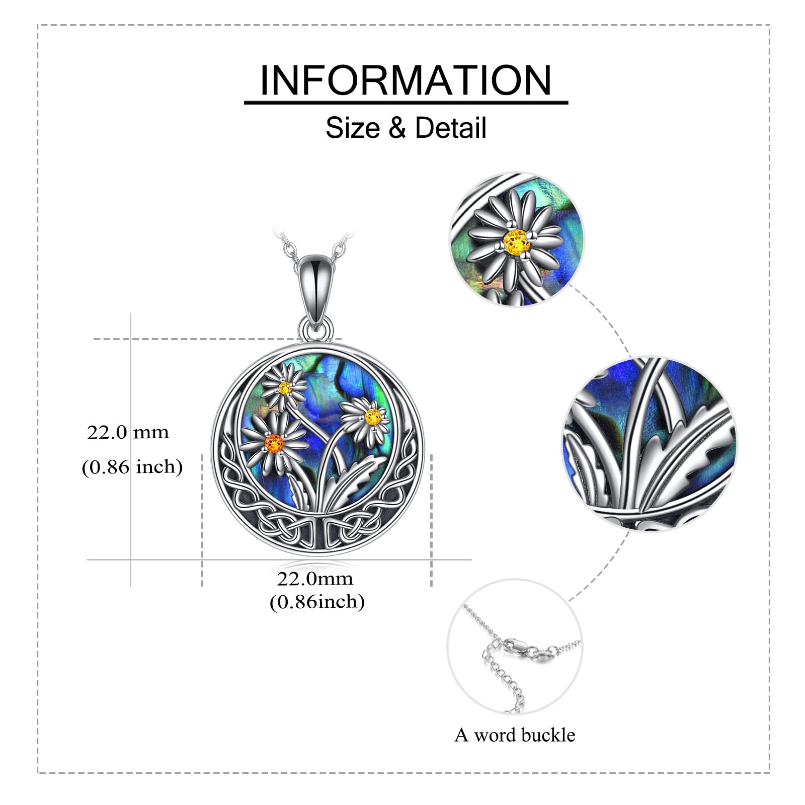 DAYLINLOVE Birth Flower Necklace 925 Sterling Silver Celtic Knot Daisy Birth Month Flower Necklace with Abalone Shell Anniversary Birthday Jewelry Gift for Women