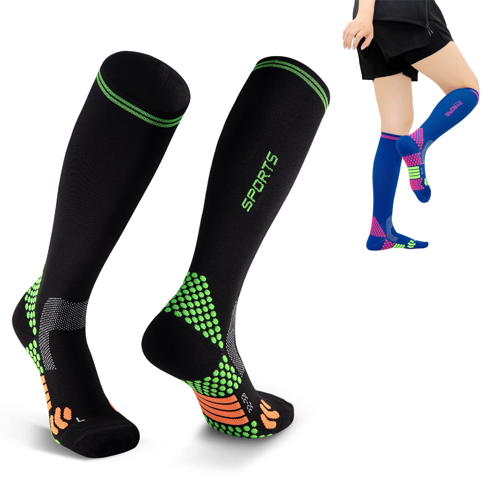 SUMARPO Running Compression Socks for Women,Unique 3D DOTS Cushioned Socks, Medical 20-30 mmHg Knee High Socks,2 Pairs