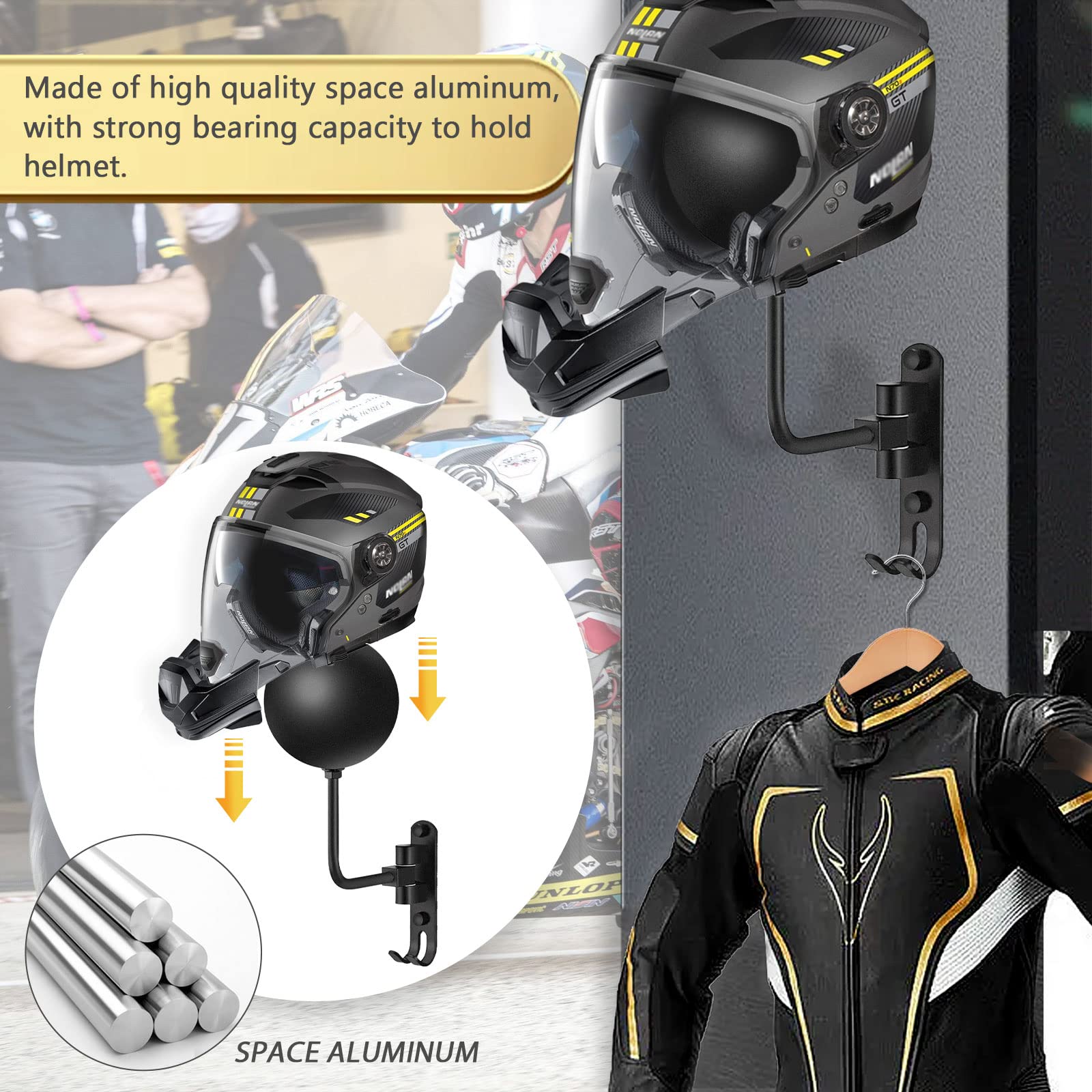 Motorcycle Helmet Rack Wall Mount 180 Degree Rotation Metal Bike Helmet Holder Mount Bicycle Helmet Display Hanger Stand with 2 Hooks for Motorcycle Bike Baseball Rugby Helmet - Black, 1 Pcs