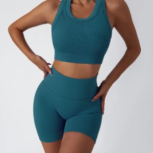 ABOCIW Women 2 Piece Seamless Gym Workout Sets Ribbed High Waist Biker Shorts with Racerback Sports Bra Yoga Crop Tank Top Yoga Exercise Outfit Teal Large