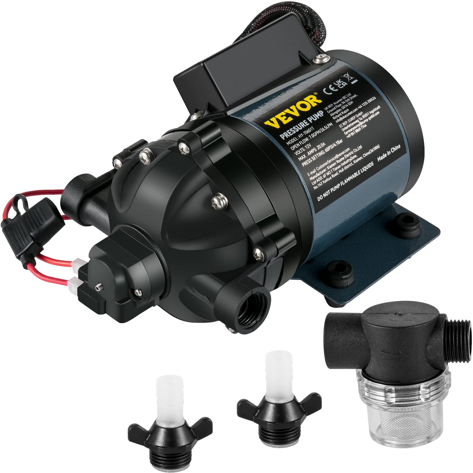 VEVOR Washdown Pump, 12V DC, 7 GPM 60 PSI, Max. 10 FT Lift Self Priming Water Pump, w/EPDM Valve, Universal Salt Water Strainer & Female/Male Thread, for RV, Marine Deck, Yacht