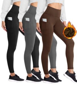 highdays 3 pack leggings with pocktes for women - high waist tummy control soft women's yoga pants for workout running, black/gray/coffee, one size