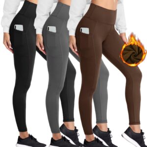 HIGHDAYS 3 Pack Leggings with Pocktes for Women - High Waist Tummy Control Soft Women's Yoga Pants for Workout Running, Black/Gray/Coffee, ONE Size