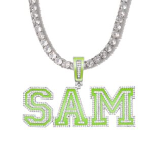 glow in the dark name necklace with iced out chains, custom necklaces for man and women, hip hop 14k real gold plated jewelry, personalized luminous initial letter pendant with rope chain/tennis chain (green/silver)