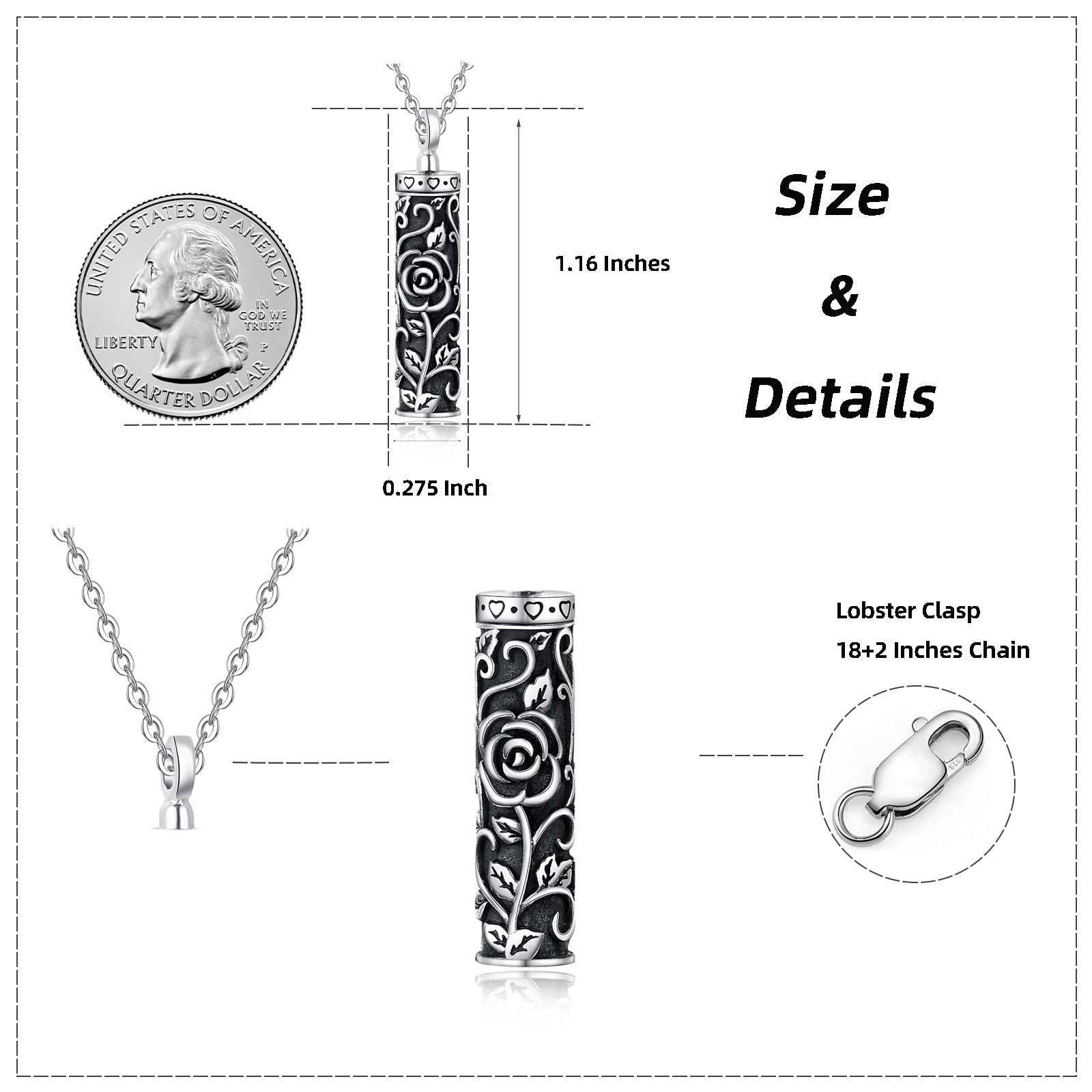 Rose Flower Urn Necklaces Cylinder Bar Urn Necklace for Ashes 925 Sterling Silver Pendant Necklace Keepsake for Ashes Memory Keepsake Cremation Jewelry for Women (Cylinder Rose)