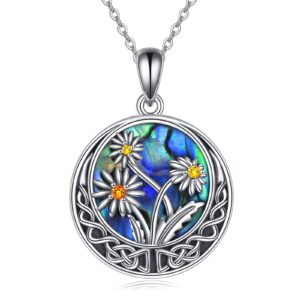 daylinlove birth flower necklace 925 sterling silver celtic knot daisy birth month flower necklace with abalone shell anniversary birthday jewelry gift for women