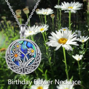 DAYLINLOVE Birth Flower Necklace 925 Sterling Silver Celtic Knot Daisy Birth Month Flower Necklace with Abalone Shell Anniversary Birthday Jewelry Gift for Women