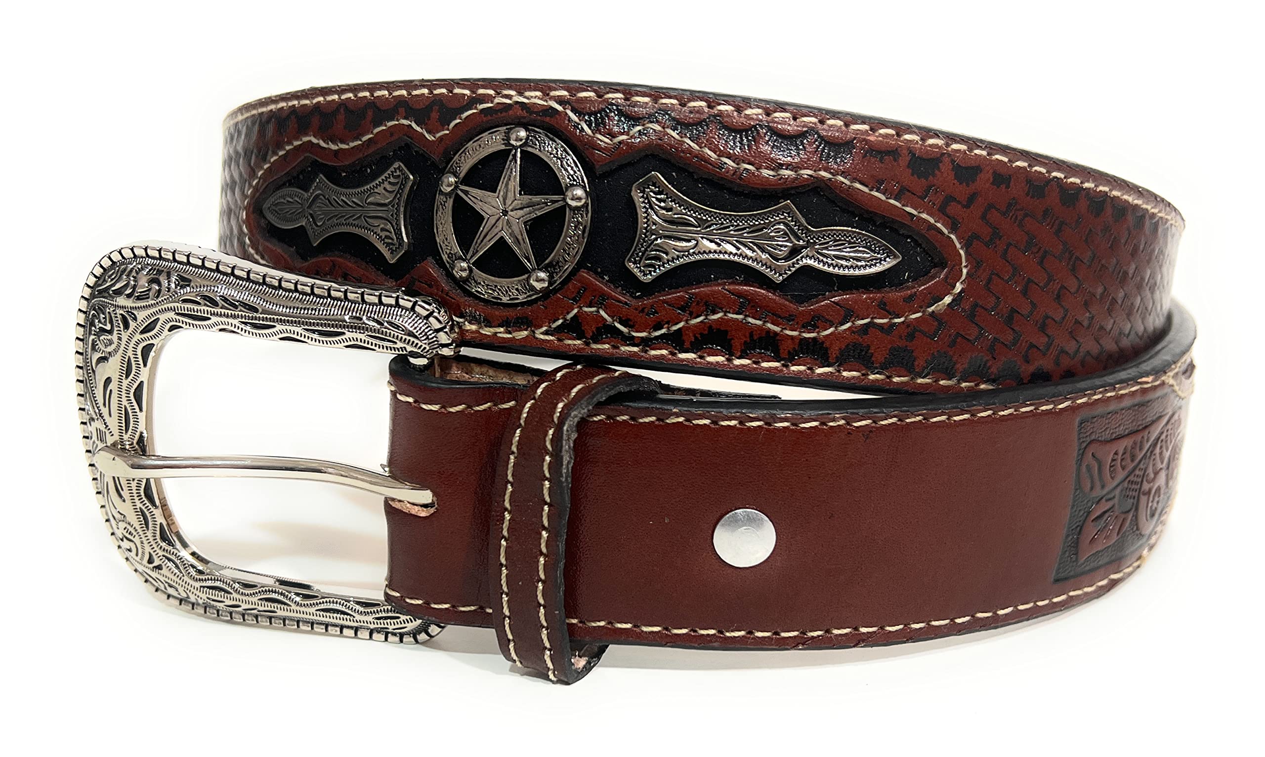 1 3/4" Wide Genuine Leather Western Style Leather Belt, Cowboy Rodeo Concho Ranger Style Belt (Brown, 32)