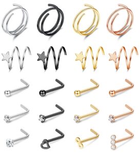 zelores 20pcs 20g double hoop nose ring l shaped nose studs 316l stainless steel piercing jewelry small nose studs spiral nose rings for women men silver rose gold balck (set1)