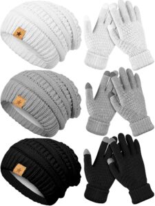 6 pcs winter hats gloves set, 3 pcs winter knitted hats and 3 pairs warm touchscreen gloves for women and men outdoor (black, gray, white)