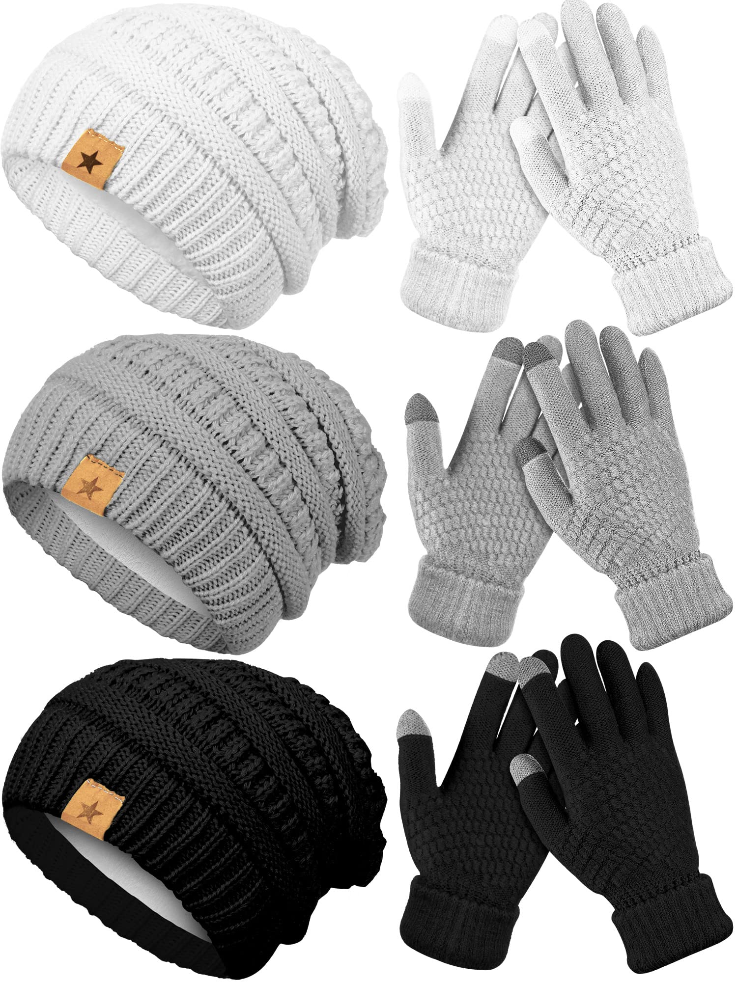 6 Pcs Winter Hats Gloves Set, 3 Pcs Winter Knitted Hats and 3 Pairs Warm Touchscreen Gloves for Women and Men Outdoor (Black, Gray, White)