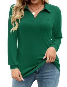 women's long sleeve polo shirts v neck collared work tops business casual tunic blouse pocket green m