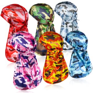 6 pcs silky durag with long tail and wide straps colorful 360 waves doo rags durag cap for men and women hip hop rapper