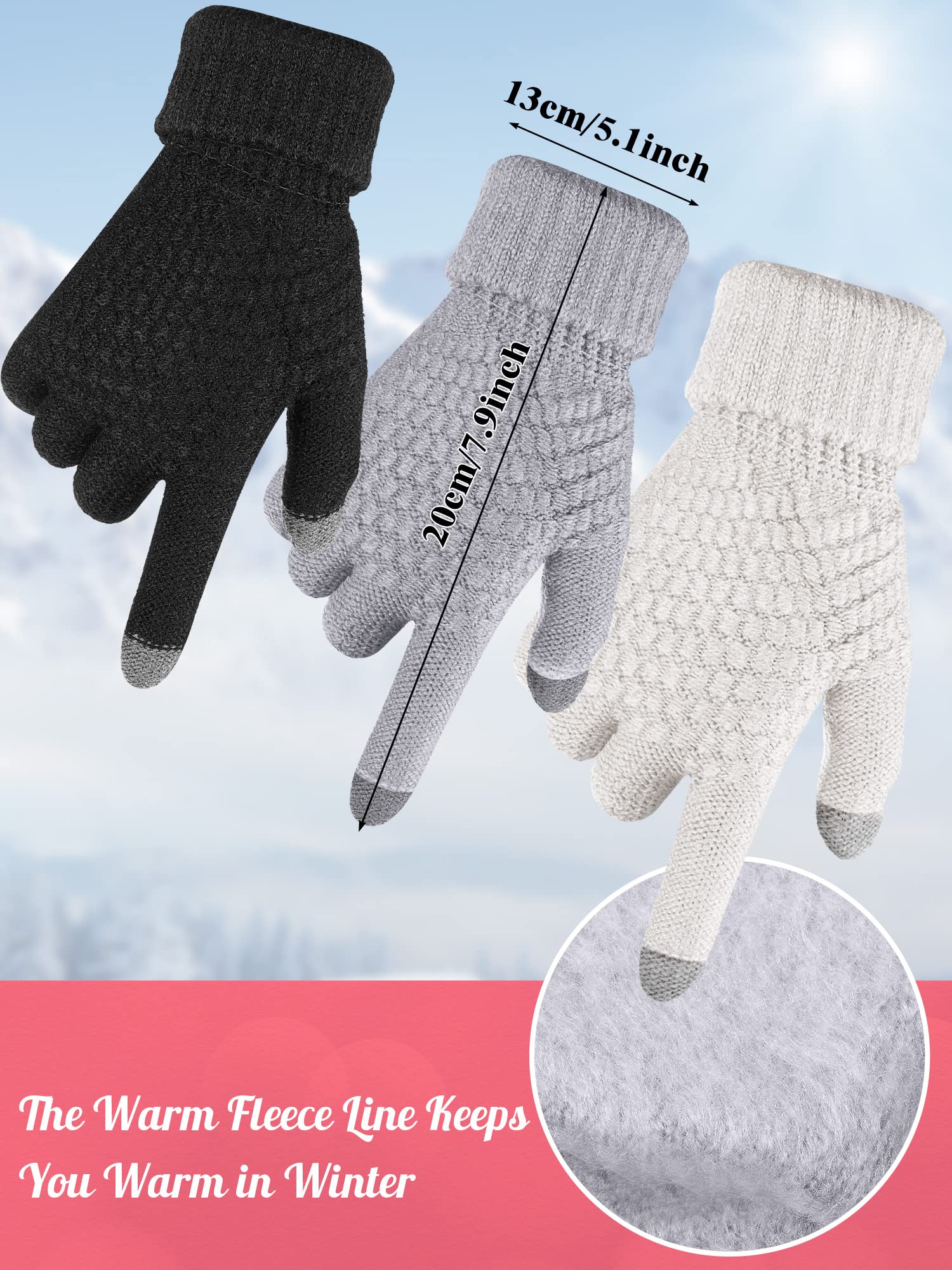 6 Pcs Winter Hats Gloves Set, 3 Pcs Winter Knitted Hats and 3 Pairs Warm Touchscreen Gloves for Women and Men Outdoor (Black, Gray, White)