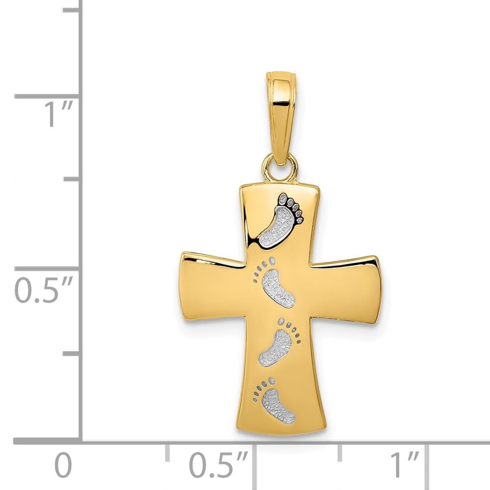 Diamond2Deal 14K Yellow Gold And White Rhodium Plated Footprints Religious Crucifix Cross Pendant