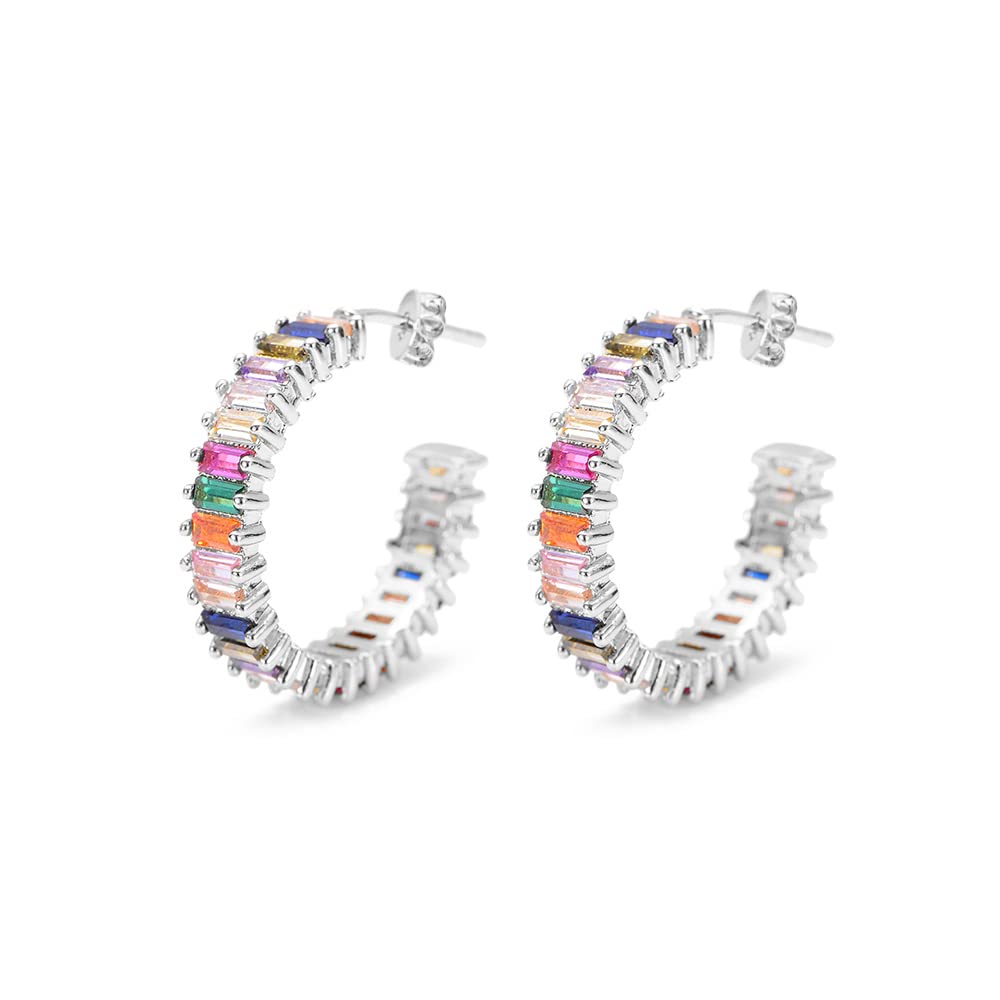 Savlano 14K Gold Plated Cubic Zirconia Multicolor Rainbow Round Hoop Stud Earrings for Women Comes with a Gift Box (White)