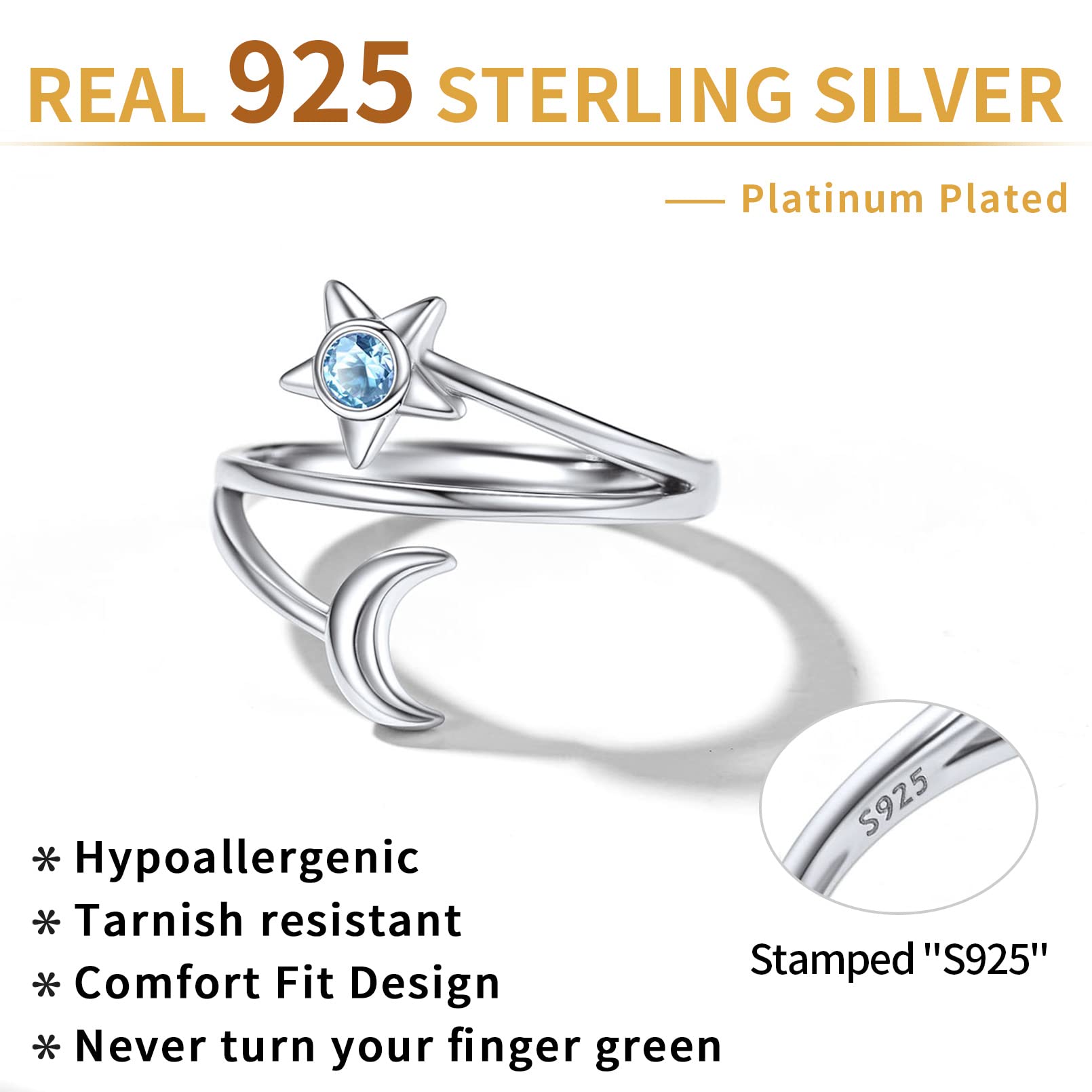 ChicSilver 925 Sterling Silver Open Adjustable Ring Dainty Star and Moon Ring March Birthstone Stackable Knuckle Rings Created Aquamarine Jewelry for Women