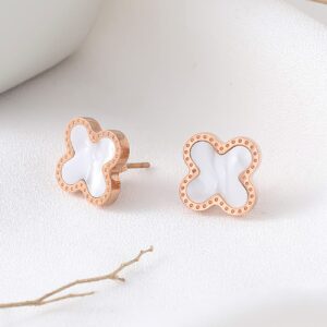 Four Leaf Clover Earrings for Women 18K Rose Gold Plated Stainless Steel Lucky 4 Leaf Ear Studs Jewelry Gift for Mother and Daughter (White & Rose Gold)