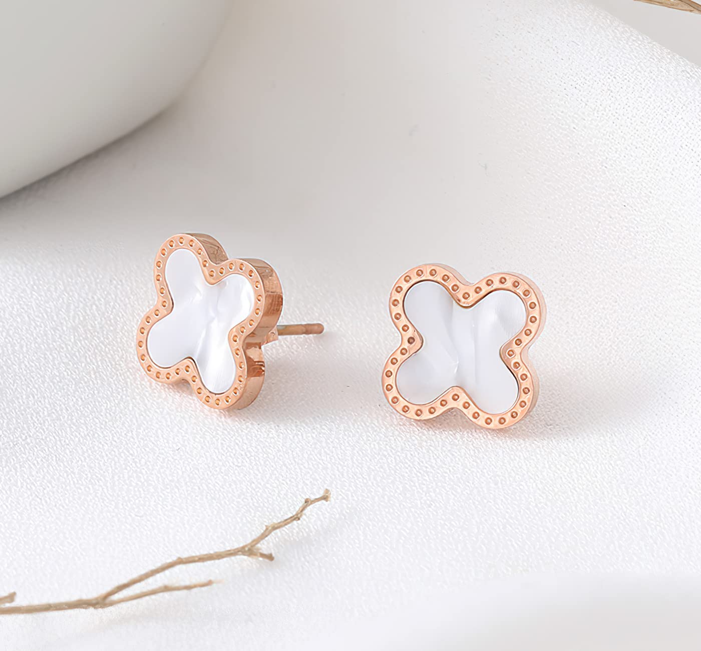 Four Leaf Clover Earrings for Women 18K Rose Gold Plated Stainless Steel Lucky 4 Leaf Ear Studs Jewelry Gift for Mother and Daughter (White & Rose Gold)