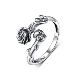 tyso skull rings for women 925 sterling silver gothic rings open wrap rose flower goth punk ring