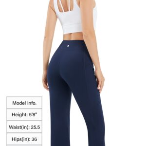 AFITNE Fleece Lined Pants Women Flare Leggings Bootcut Yoga Pants High Waisted Winter Warm Thermal Pants with Pockets-NavyBlue-M