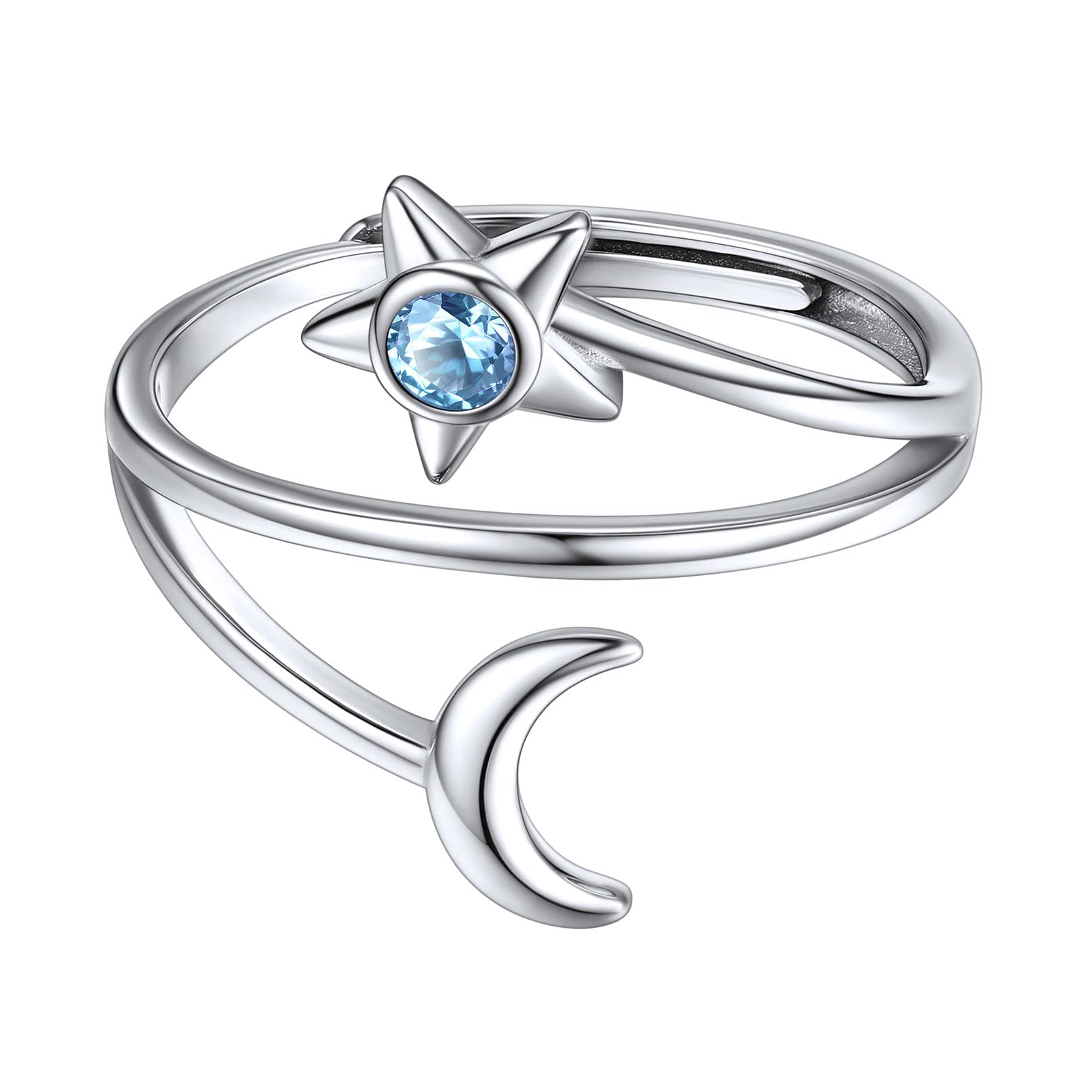 ChicSilver 925 Sterling Silver Open Adjustable Ring Dainty Star and Moon Ring March Birthstone Stackable Knuckle Rings Created Aquamarine Jewelry for Women