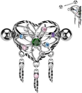 covet jewelry heart dream catcher shield nipple ring with multi color cz & surgical steel barbell