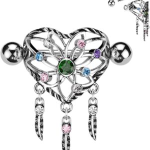 Covet Jewelry Heart Dream Catcher Shield Nipple Ring With Multi Color CZ & Surgical Steel Barbell